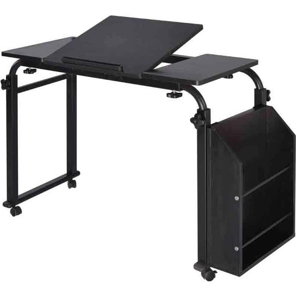 JAYEUW Multifunctional Computer Desk, Overbed Table Laptop Desk, Height+Length Adjustable Standing Desk, Movable Study Writing Desk w/Wheels, Adjustable Table Top+Storage Shelf (US Stock)