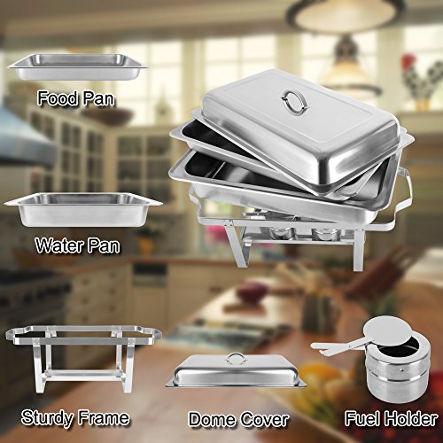 ROSVUN Upgraded Stainless Steel Chafing Dish Buffet Silver Round Catering Warmer Set with Food and Water Trays, Mirror Cover, Thick Stand Frame for Kitchen Party Banquet (2 Round+ 2 Rectangular)
