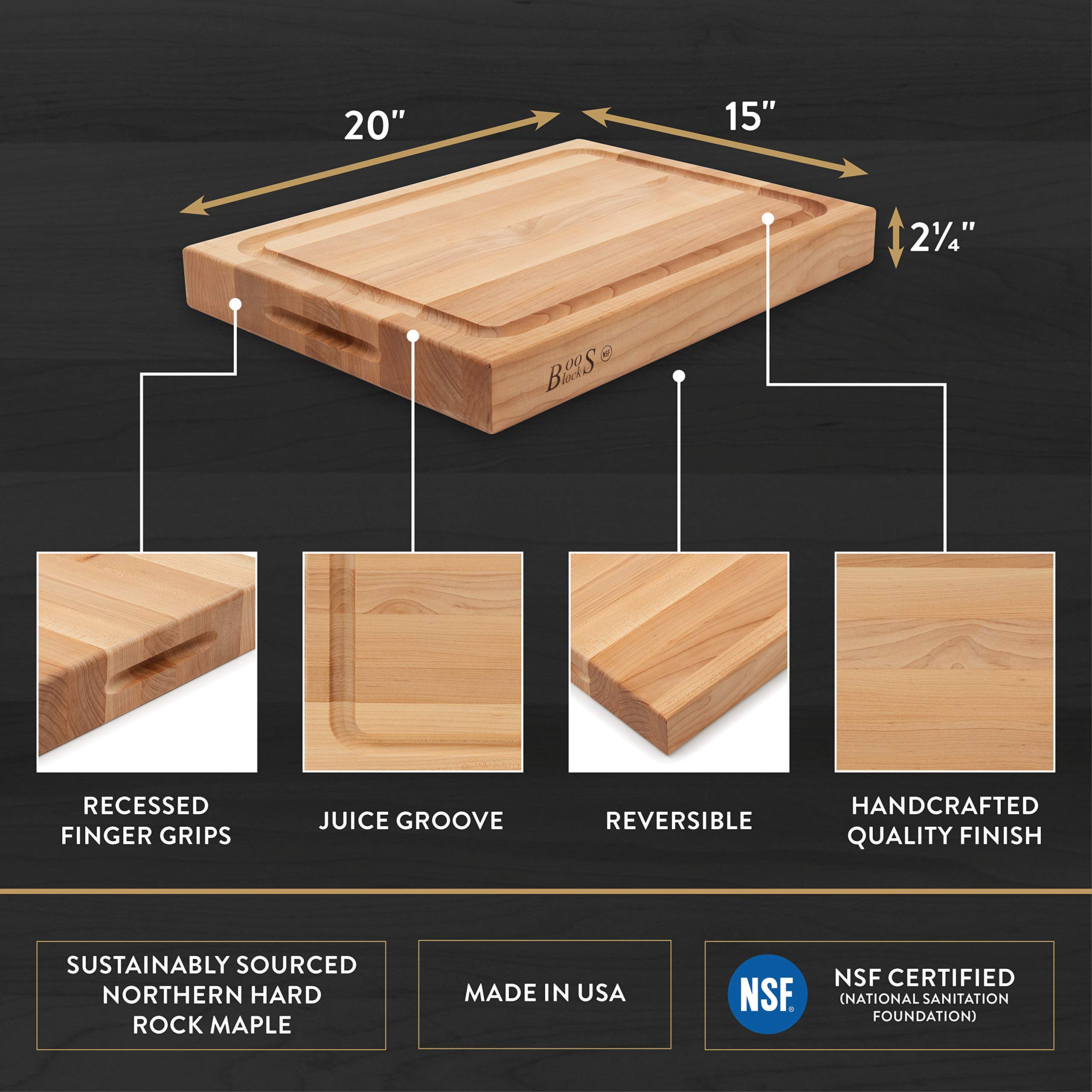 John Boos Block RA02-GRV Maple Wood Edge Grain Reversible Cutting Board with Juice Moat, 20 Inches x 15 Inches x 2.25 Inches