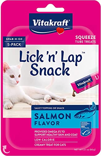 Vitakraft Lick 'n' Lap Creamy Cat Treat - Salmon – Great for Bonding – Low Calorie Interactive Wet Cat Treat - 5 Pack