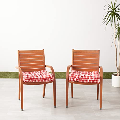 Amazon Basics Tufted Outdoor Patio Square Seat Cushion 19 x 19 x 5 Inches, Red Plaid Geo - Pack of 2