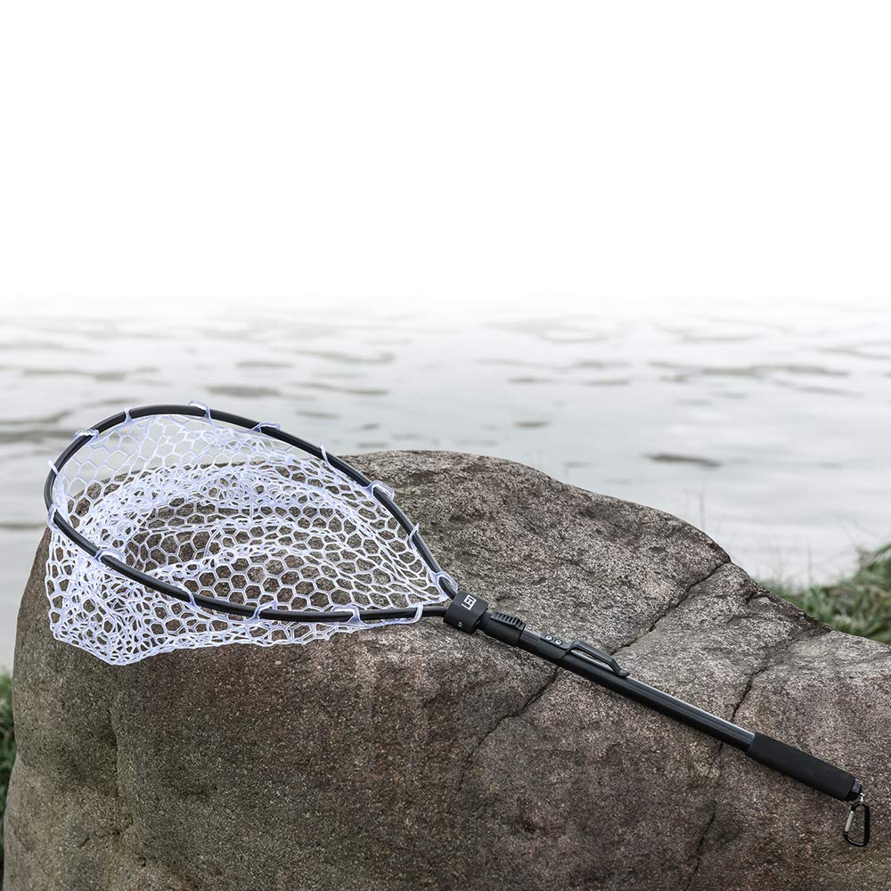 AIKENR Folding Fishing Net, Fly Fishing Landing Net Soft Rubber Safe Catch and Release, Aluminum Alloy Frame and Comfortable EVA Handle with Sturdy Carabiner