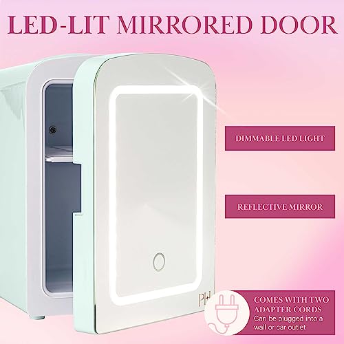 Paris Hilton Mini Refrigerator and Personal Beauty Fridge, Mirrored Door with Dimmable LED Light, Thermoelectric Cooling and Warming Function for All Cosmetics and Skincare Needs, 4-Liter, Aqua