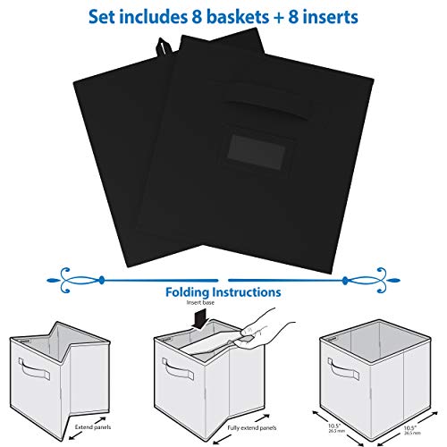 Royexe Item Container 11 Inch Storage Cubes (Set Of 8) Storage Baskets, Features Dual Handles & 10 Label Window Cards, Foldable Fabric Closet Shelf Organizer, Drawer Organizers, Linen, Black