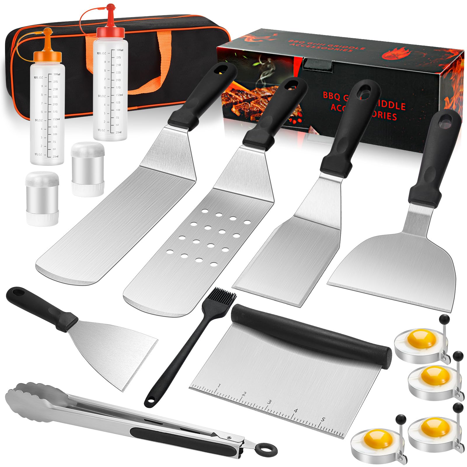 AIKKIL Griddle Accessories Kit, 18 pcs Flat Top Grill Accessories Kit, Professional BBQ Grilling Accessories Set, Enlarged Spatula, and More Griddle Tools