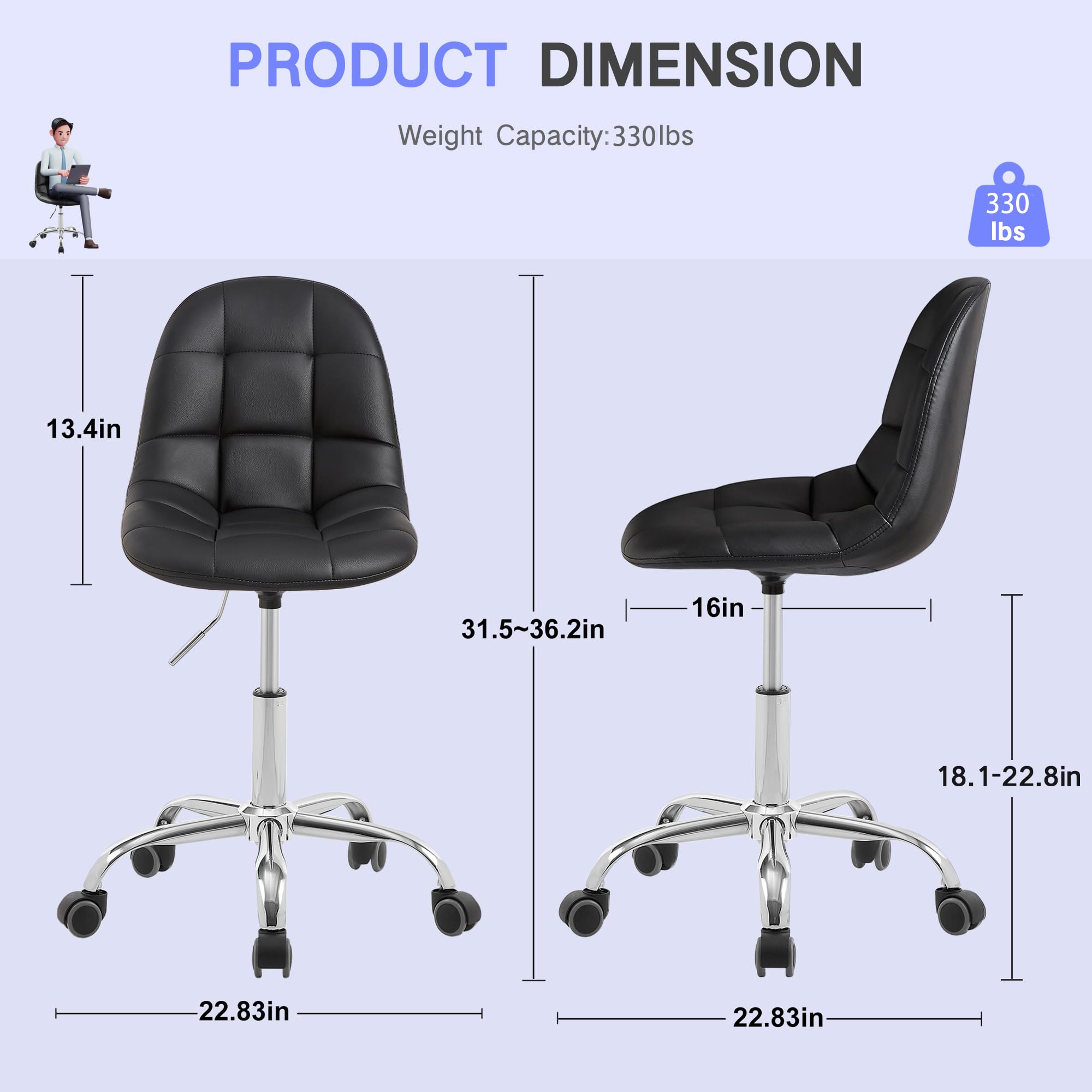 VECELO Soft Desk Chair, Stylish Casual Vanity Seat, Armless with Comfy Lumbar Support, PU Leather Hight Adjustable, 360° Rolling Swivel for Study, Work, Makeup, Weight up to 330 Lbs, Black