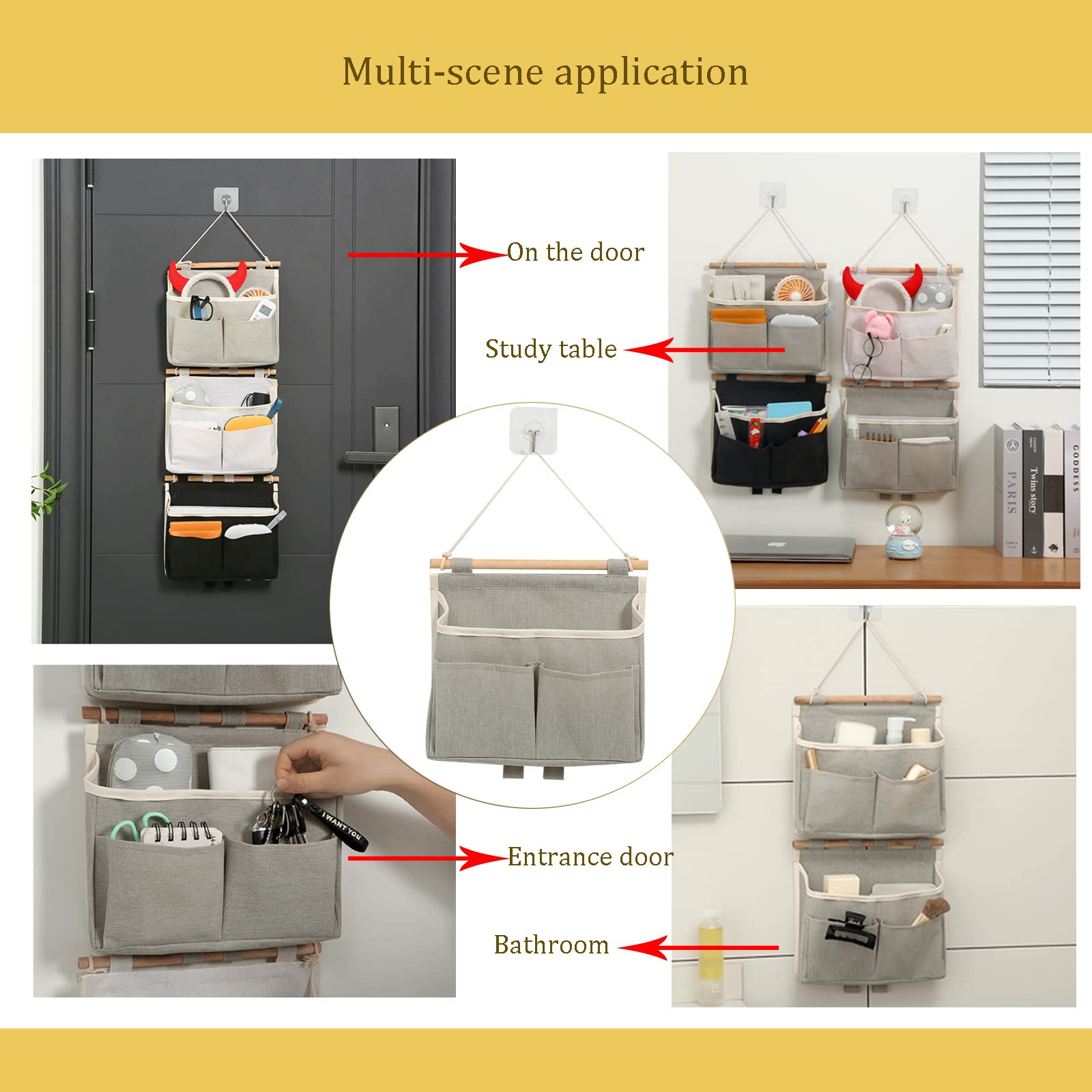 Someteth 2Pcs Wall Hanging Storage Caddy Bag,Over Door Hanging Storage Bags Wall Mount Hangable Organizer,File Magazine Waterproof Linen Cotton Fabric Living Room Bedroom Bathroom (Black)…