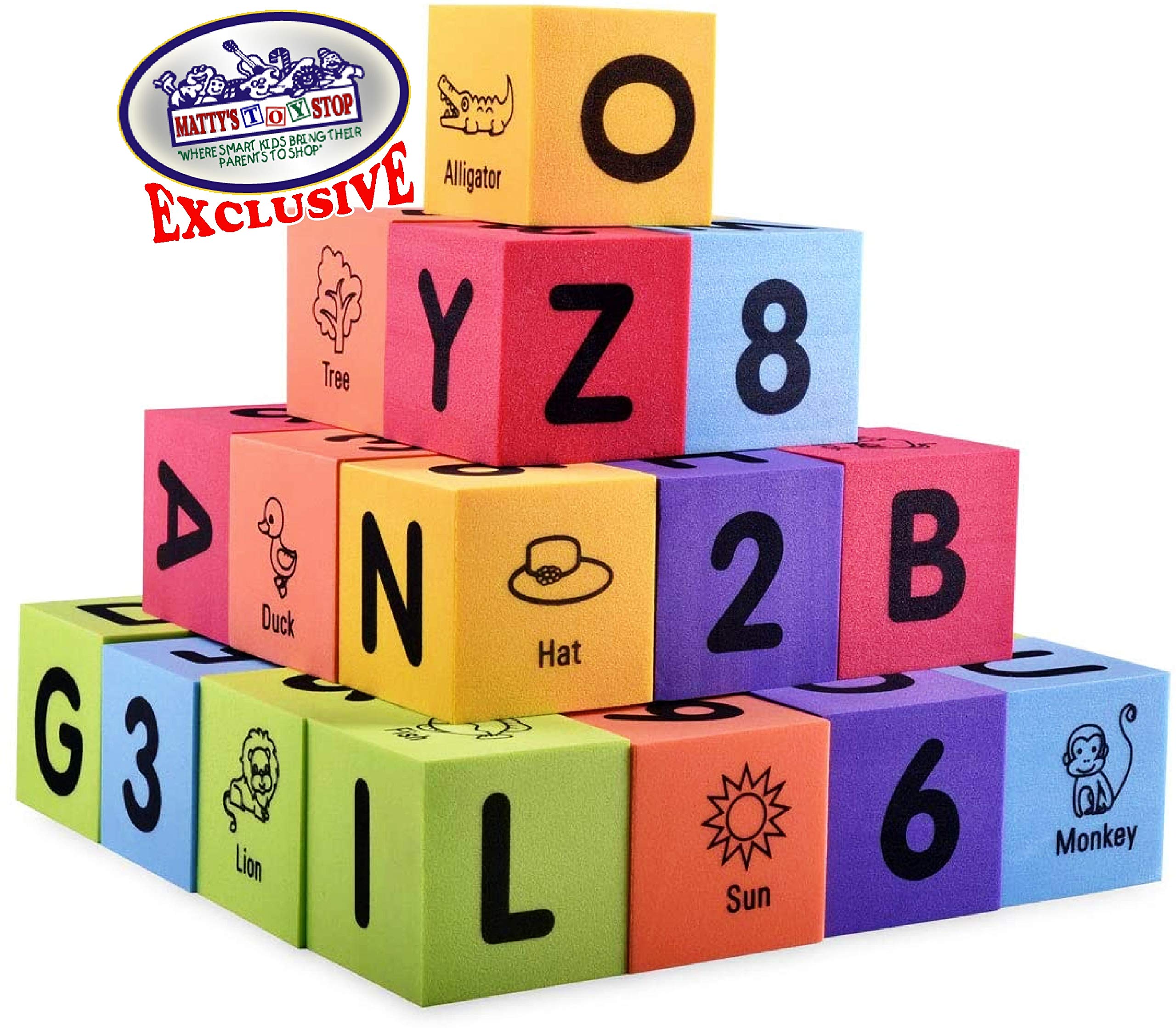 Deluxe 2" EVA Foam Colorful Building Blocks (30 PCS) Featuring Abc's, Numbers & Pictures with Bonus Matty's Toy Stop Storage Bag