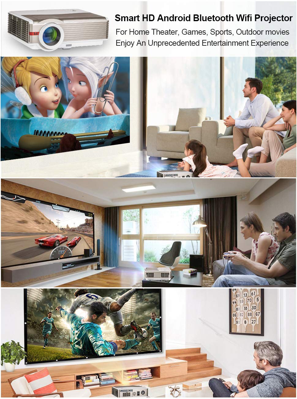 9000L Native 1080p Projector with WiFi Bluetooth, 200'' Display Home Theater Movie Projector Outdoor Indoor Party, Wireless Sync Screen for iOS/Android Phone/Tablets, With 4D Keystone and Zoom