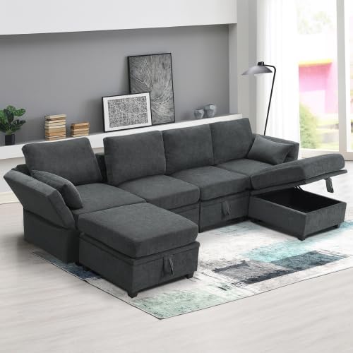 Bellemave U Shape Sectional Sofa Oversize Modular Sofa Couch with Adjustable Armrests and Backrests, Upholstery Convertible Sofa 6 Seat Reversible Sofa with Storage Seats for Living Room (Grey)
