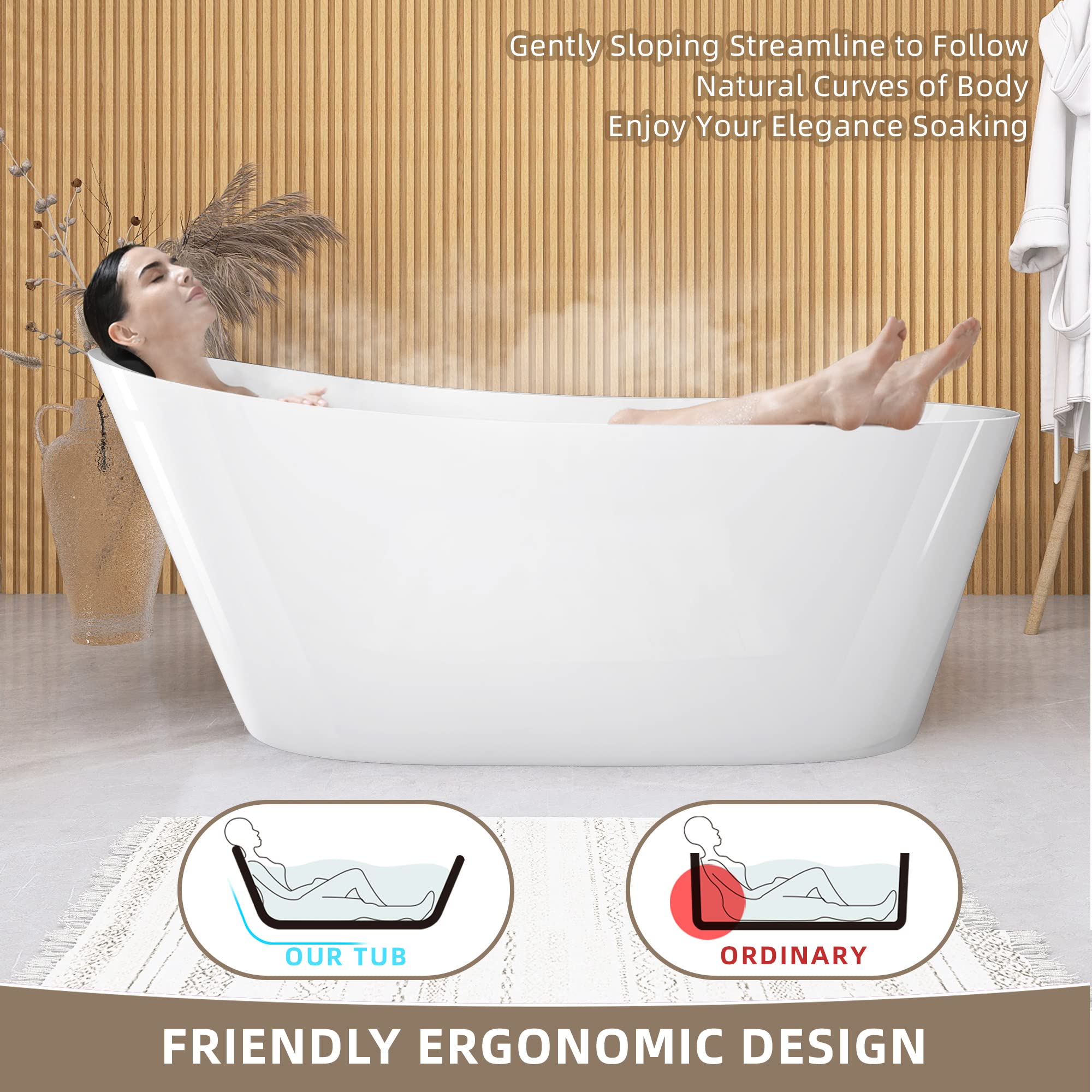 GETPRO Free Standing Tub 59" Acrylic Freestanding Bathtub Adjustable Soaking Bath Tub Oval Shape with Integrated Slotted Overflow and Chrome Anti-clogging Drain Glossy White