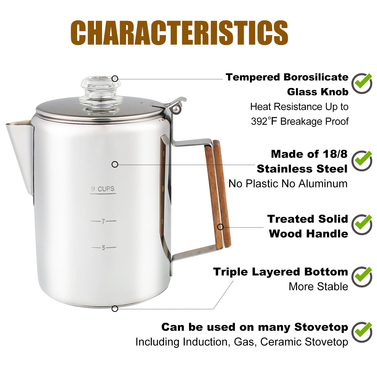 APOXCON Multi Use Coffee Percolator Using On Indoor Induction Cooktop, Electric Stove, Outdoor Campfire Stovetop, Camping Coffee Pot with Glass Knob Top 9 Cup