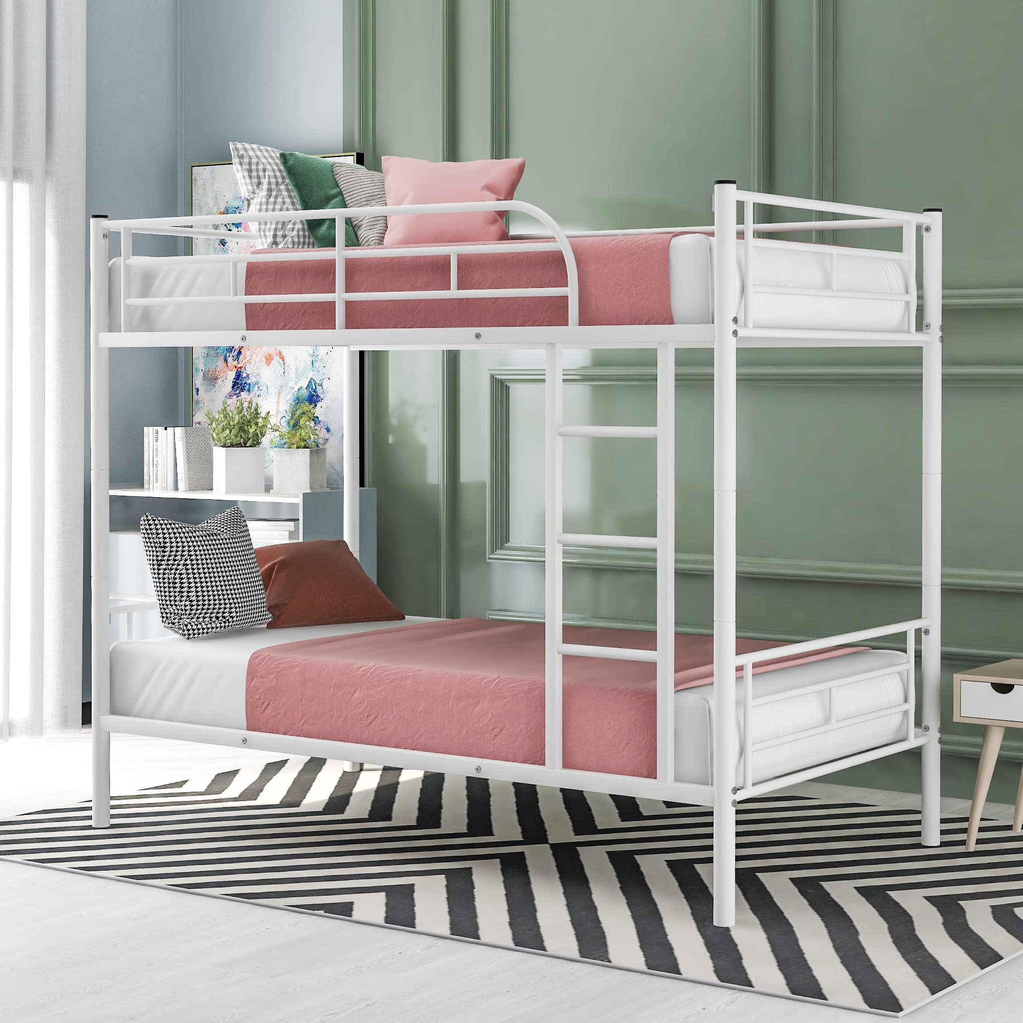 Bunk Bed,Twin Over Twin Metal Bunk Bed,Metal Bunk Bed Twin with 2 Ladder and Safety Rail,Space Saving,for Kids Boys Girls Teens Adults(White)
