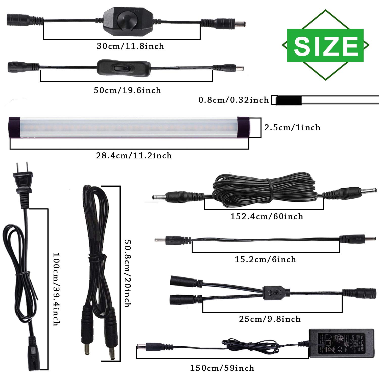 AIBOO LED Under Cabinet Lighting Kit, Plug in Strip Lights with Dimmer Switch for Kitchen Cabinet Counter, Closet, Bedroom Lighting(24w-8 Bars kit-2700K)