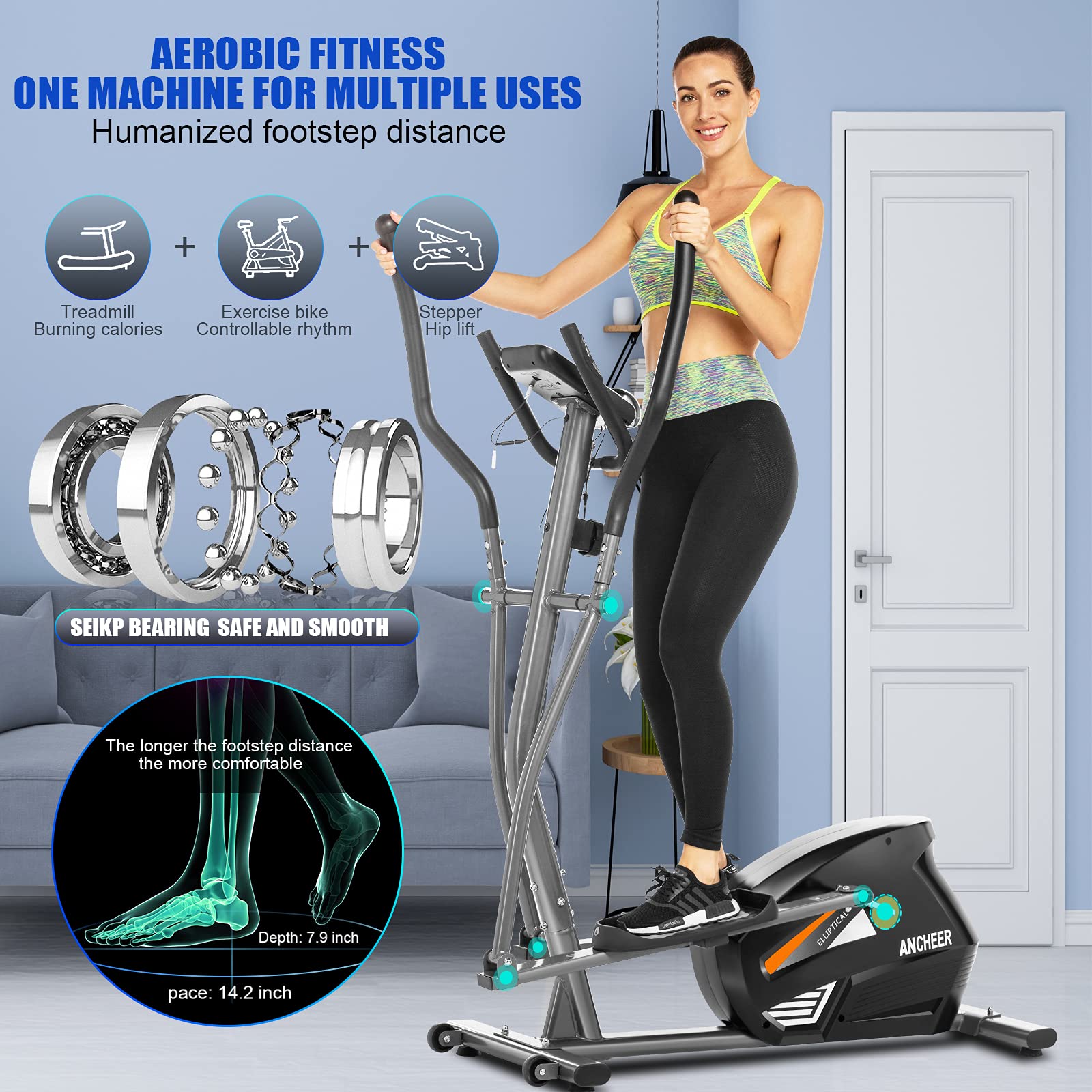 ANCHEER Elliptical Machine, Quiet & Smooth Driven Magnetic Elliptical Cross Trainer Machine with 10 Levels Resistance and 18lb Flywheel, Best Elliptical Exercise Machine for Home Gym Workout TP07