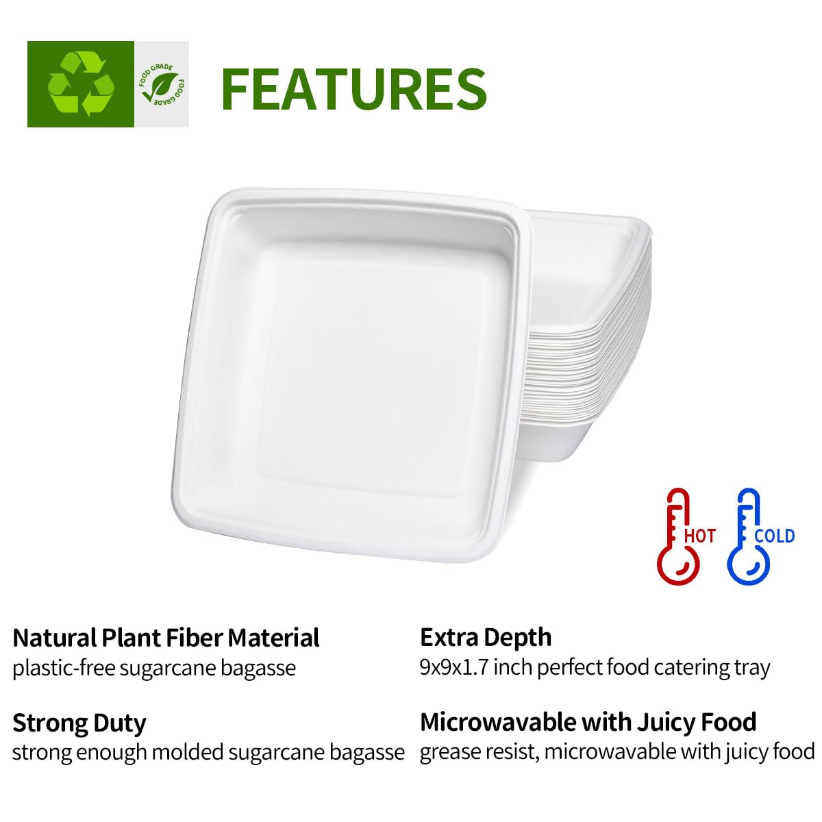 AICHEF 50 Pack 42 oz Compostable Deep Dish Plates, Extra Large Deep Square Disposable Food Trays for Seafood BBQ Large Salad - 9x9x1.7 inch