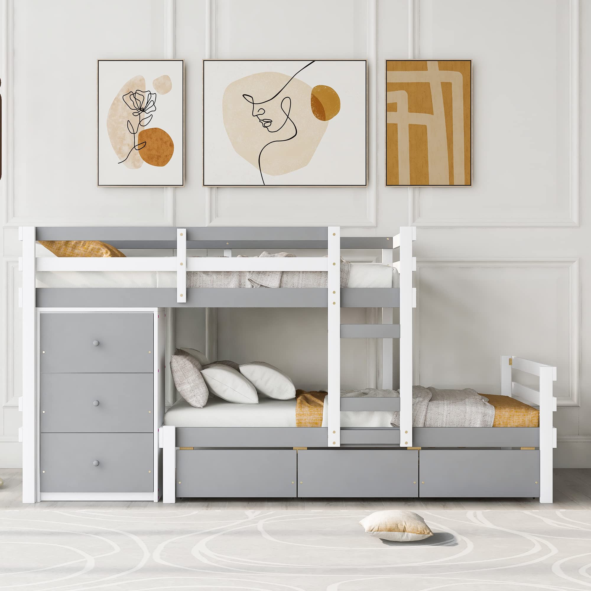 Harper & Bright Designs Low Bunk Bed with Storage Drawers and Ladder, Solid Wood Twin Over Twin Bunk Bed Frame for Kids Teens Girls Boys - Natural