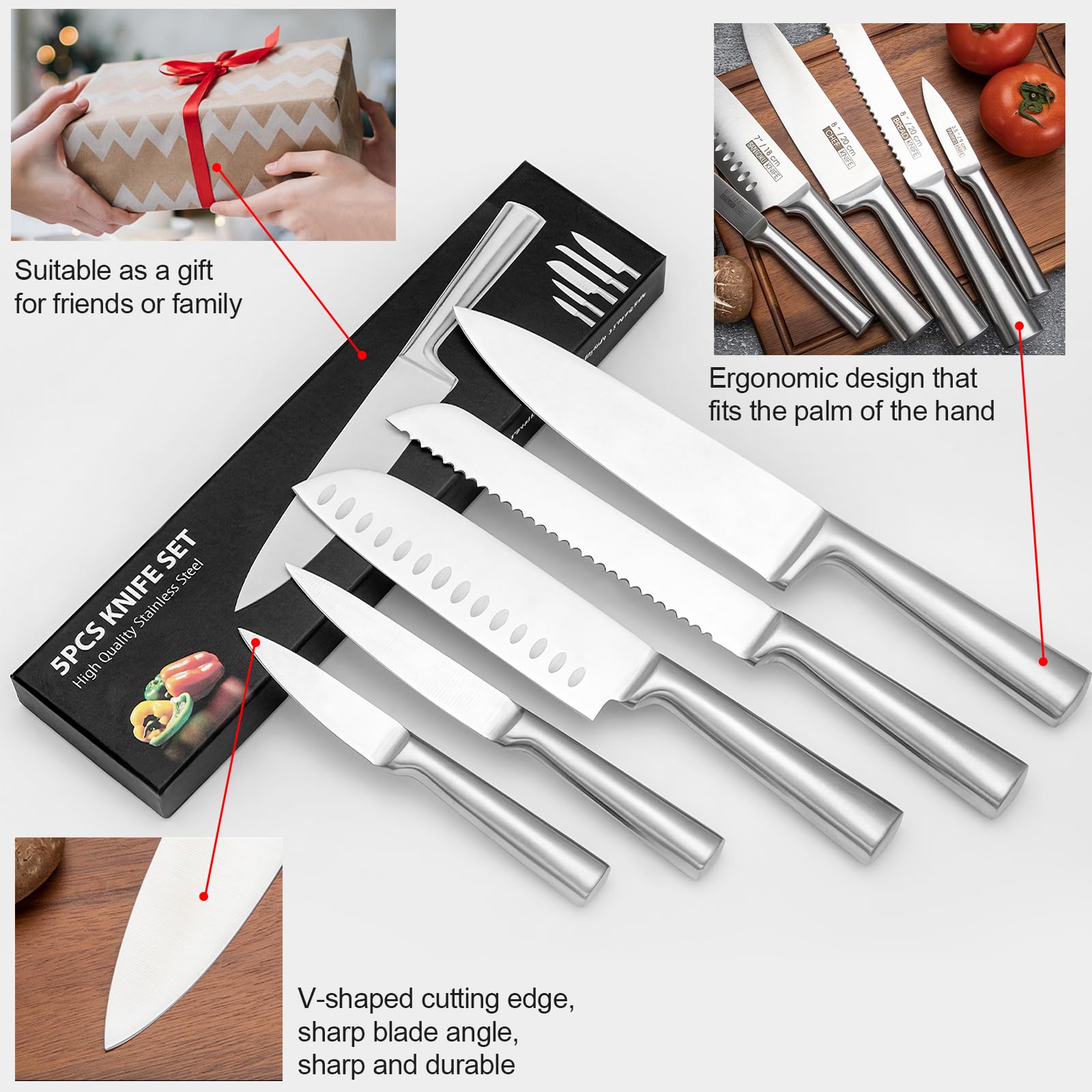 RETROSOHOO Kitchen Knife Set, 5-Pieces Classic Carbon Stainless Steel Knife Set with Ergonomic Handle, Sharp Professional Chef Knife Set for Cooking, Kitchen Knife Set with Gift Box (Silver)