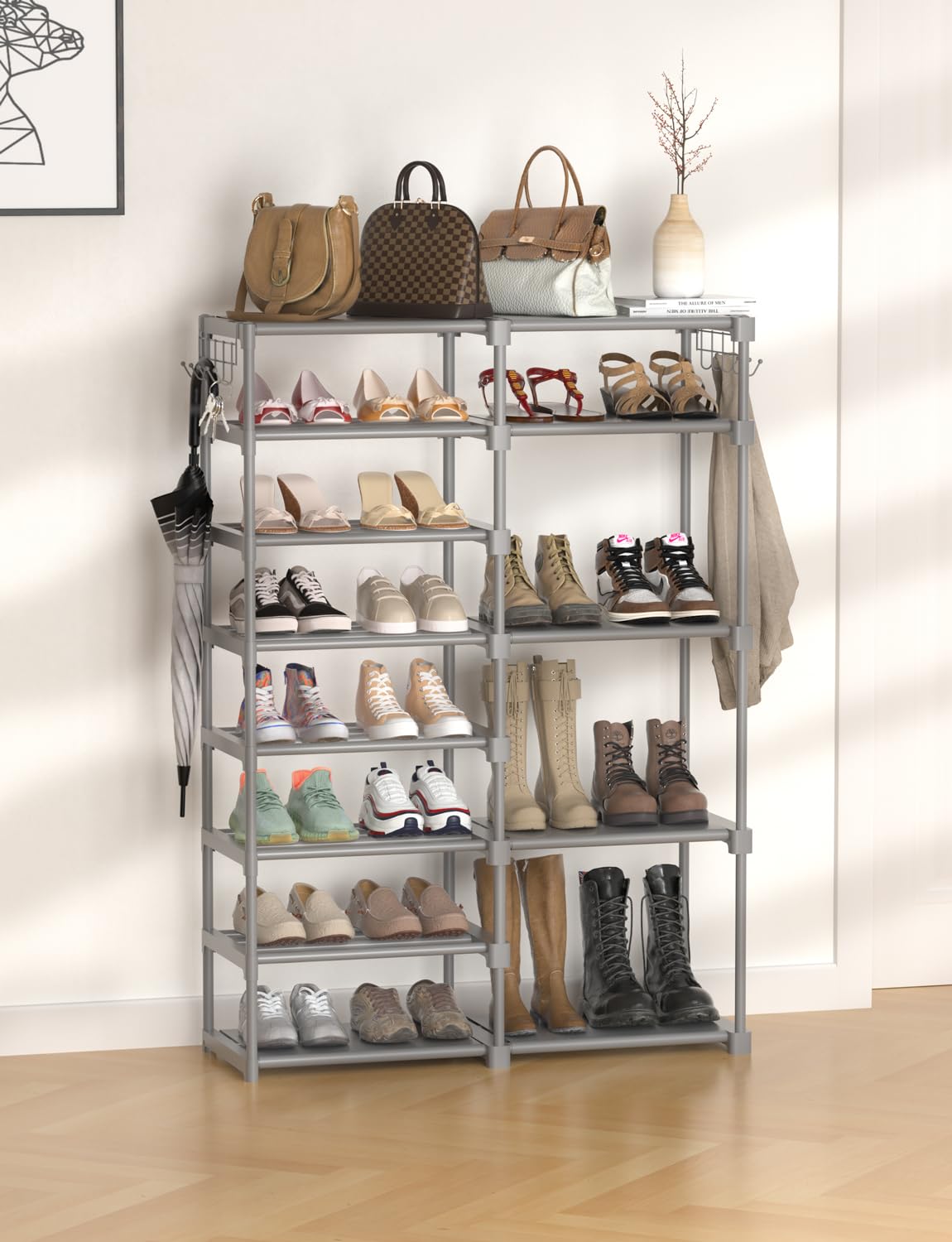 TIMEBAL Grey 8-Tier Shoe Rack Storage Organizer, 25-28 Pairs Shoes Shelf Organizer, Removable & Dust Large Stackable Shoe Rack for Boot & Shoe Storage