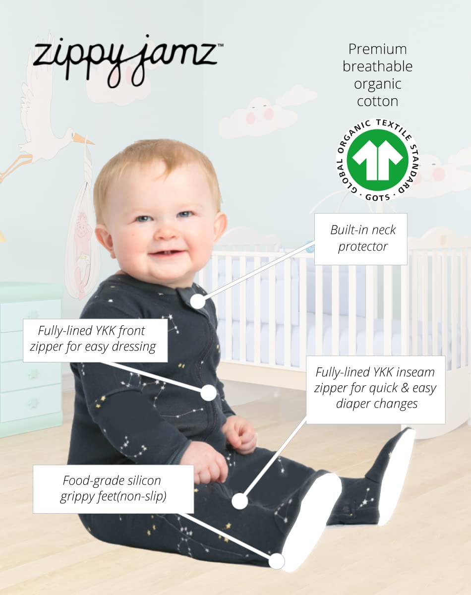 zippyjamz β Zipper Organic Sleeper Footed Baby Pajamas with Inseam Zipper (Galaxy Love - Navy, 6-9 months)