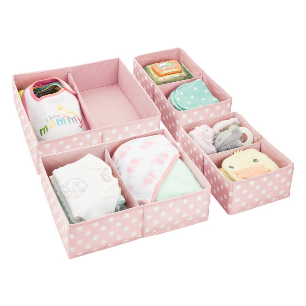 mDesign Soft Fabric Dresser Drawer and Closet Storage Organizer for Child/Kids Room, Nursery - Divided 2 Compartment Organizer - Fun Polka Dot Print, Set of 4 - Pink with White Dots