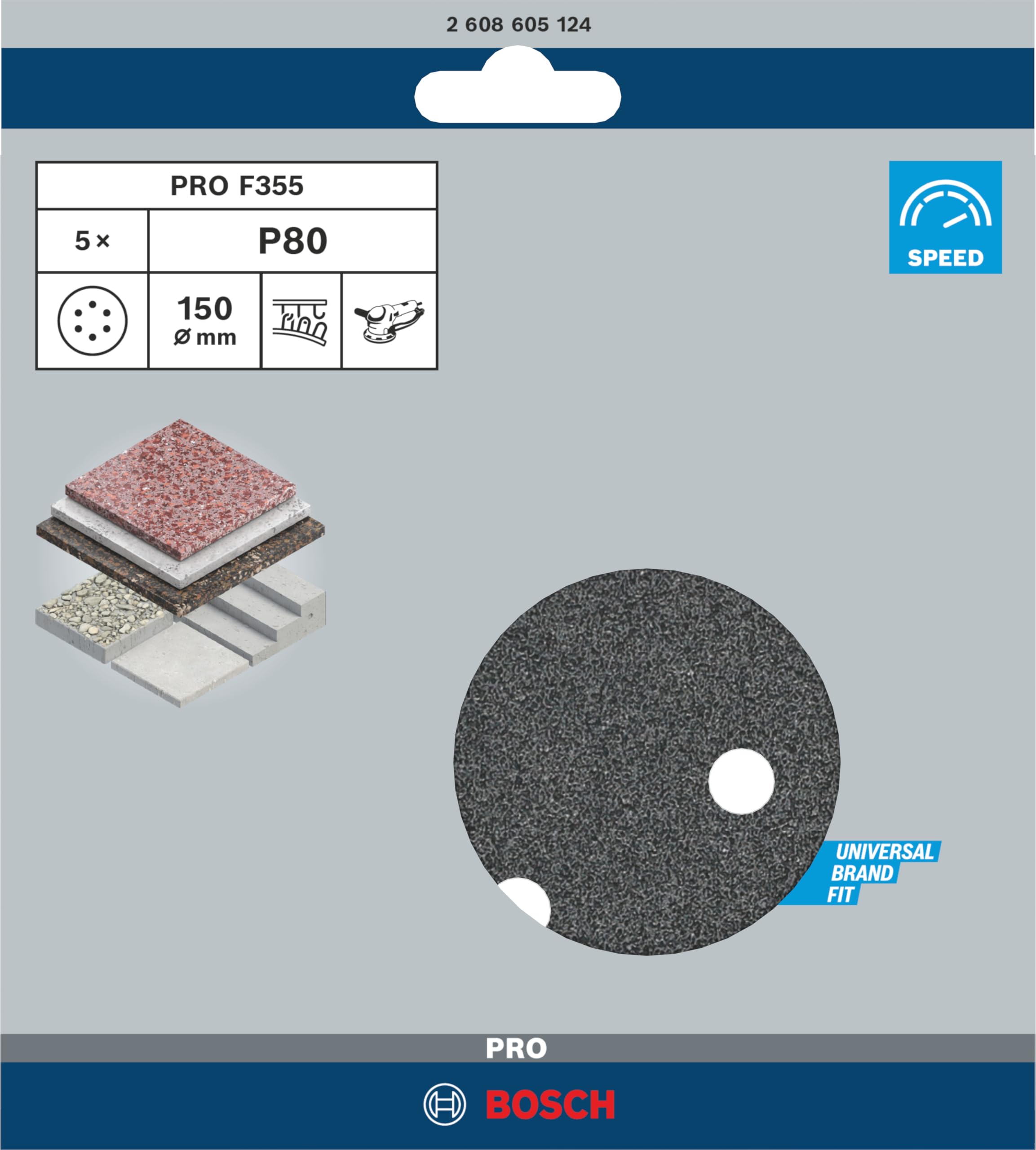 Bosch 2608605124 F355 Sanding Discs for Stone, Velcro Type, 6 Hole, 150mm, P80 Grit, Black, Pack of 5