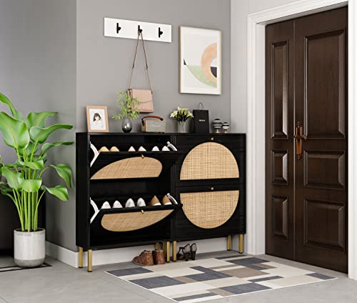 Black Rattan Shoe Storage Cabinet with 2 Flip Drawers for Entryway, Freestanding Shoe Rack Modern Slim Entryway Shoe Organizer with Half Round Woven Rattan Doors for Hallway