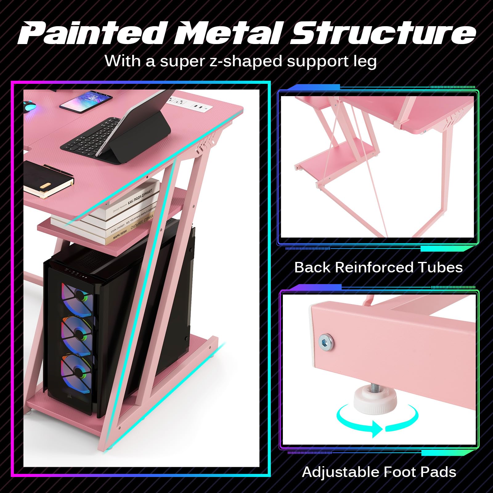 Giantex L Shaped Gaming Desk with Outlets & USB Ports, Small Computer Desk with Monitor Shelf, Headphone Hook, Storage Shelf & Host Stand, Modern Corner Gamer Workstation for Home Office (Pink)