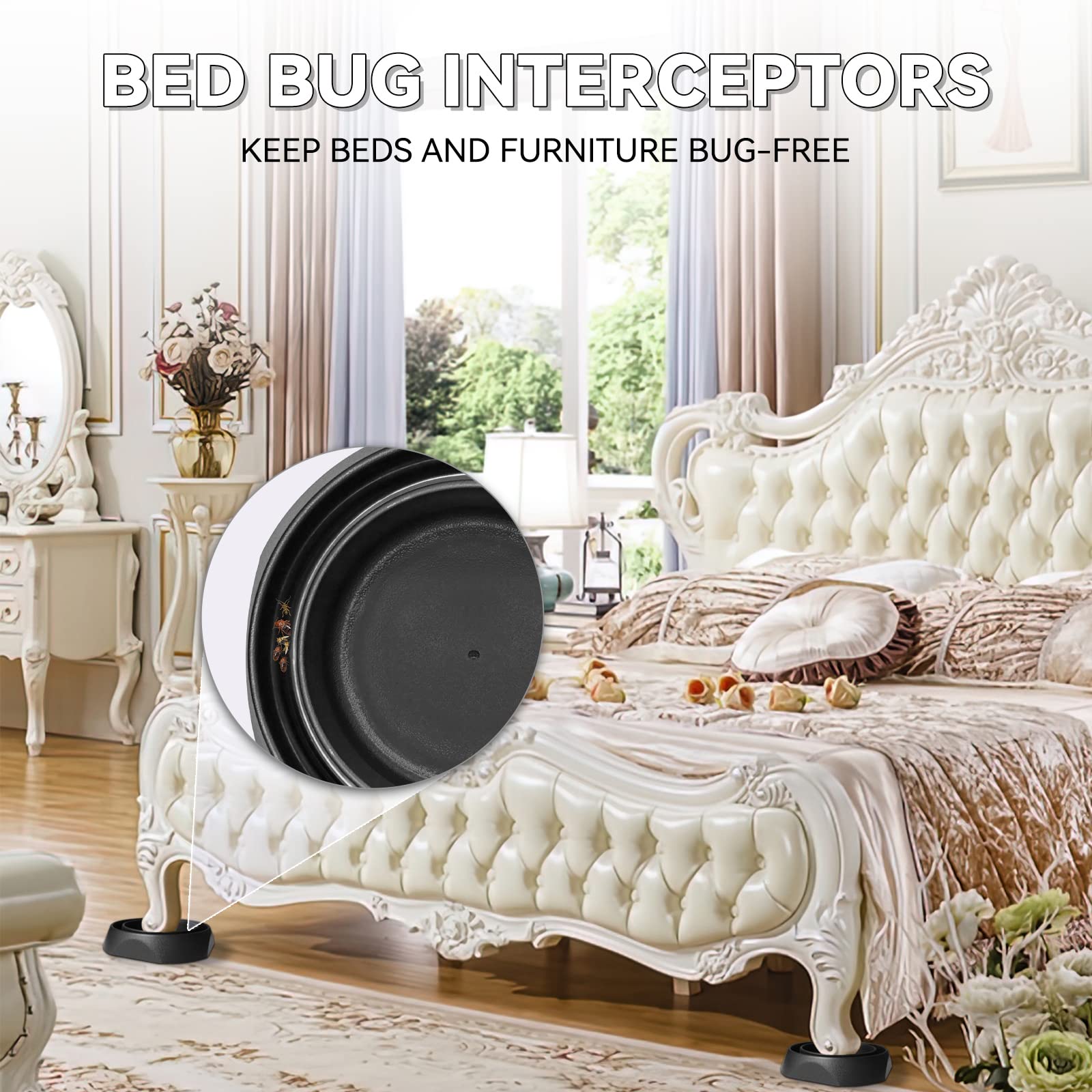 Bed Bug Interceptors with Anti Skid Pads | Bed Bug Trap | Bed Bug Traps and Detectors | Bed Bug Traps for Bed (Black - 4 Pcs)