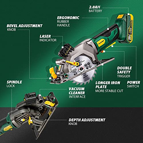 ALEAPOW K4 Cordless Circular Saw, 20V 4-1/2" Lightweight Mini Saw with 2.0Ah Battery, 1h Fast Charger, 2 Blades, Max Cutting Depth: 1-11/16”(90°), 1-1/8”(45°), Ideal for Wood, Plastic and Soft Metal…