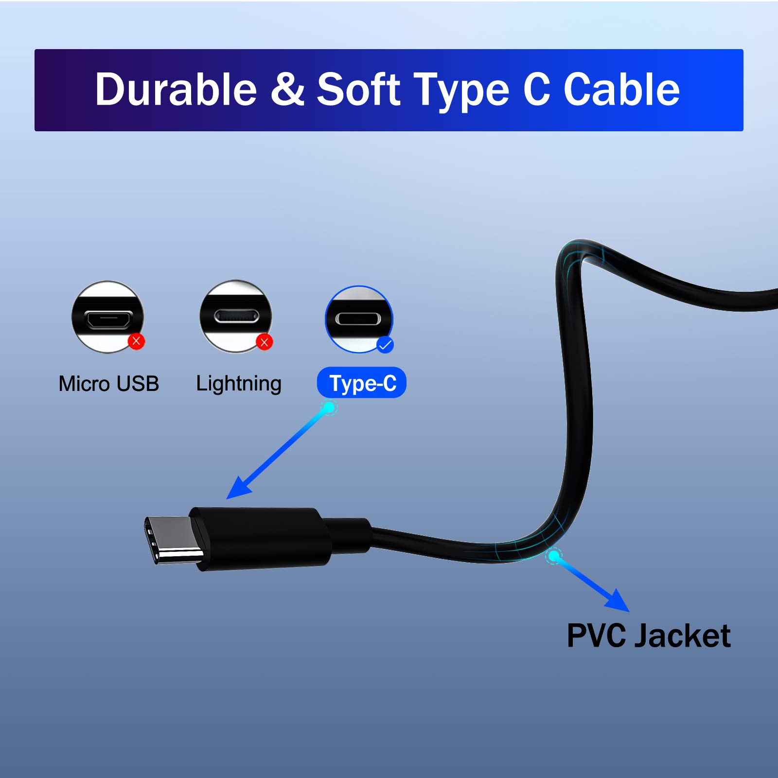 Adaptive Fast Charger Kit with USB C Cable【6.6Ft+1.5Ft】, Excgood Fast Charging Block Type C Charger Compatible with Samsung Galaxy S8/9+/10e,Note 8/9, G5/6 V20/30-Black