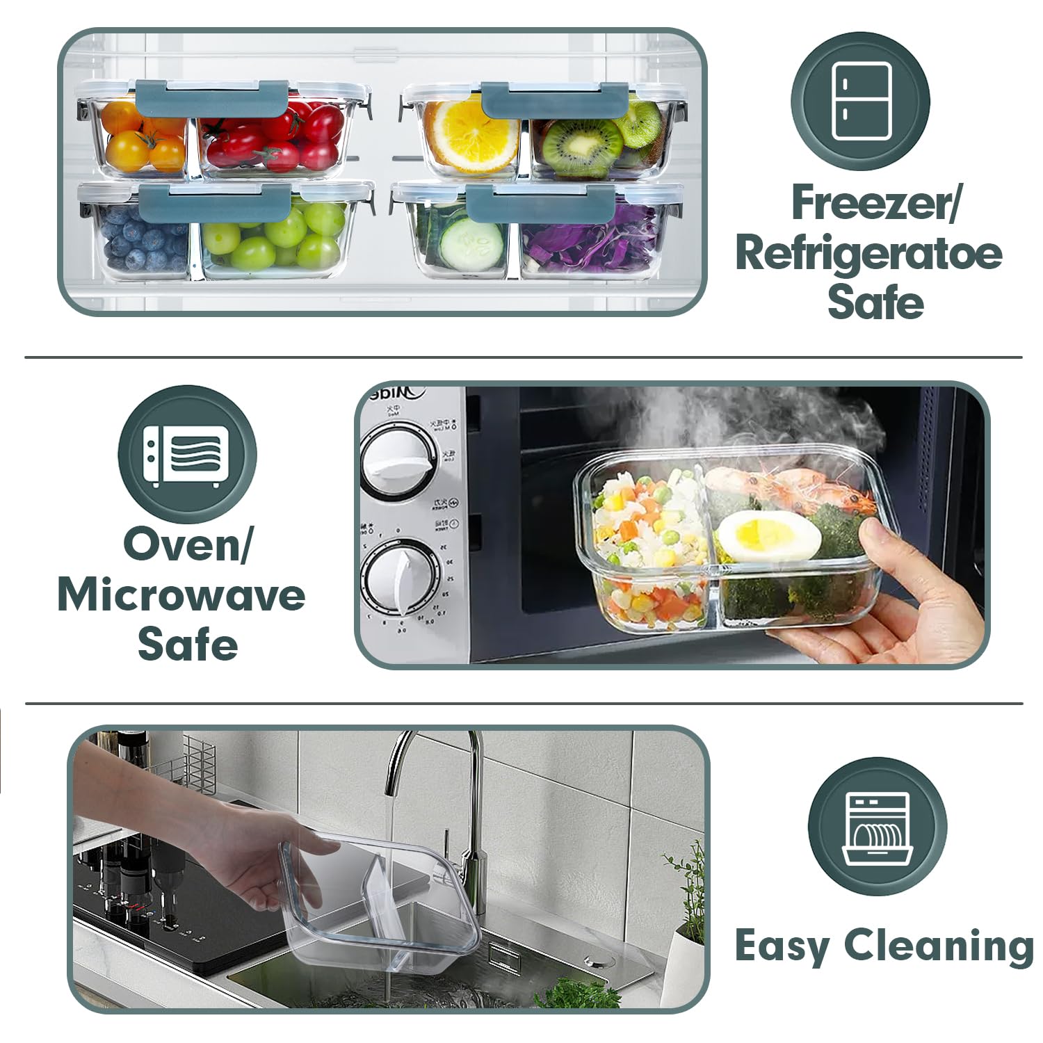 VERONES 10 Pack Glass Meal Prep Containers 2 Compartment Set, 30 OZ Airtight Glass Lunch Containers, Glass Food Storage Containers with Lids, for Microwave, Oven, Freezer & Dishwasher Friendly,Grey