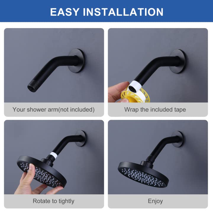 ALEASHA High Pressure Rain Shower Head, 6 Inch 1.8GPM Fixed Luxury Bathroom Showerhead, Adjustable Angles, Anti-Clogging Silicone Nozzles (Matte Black)