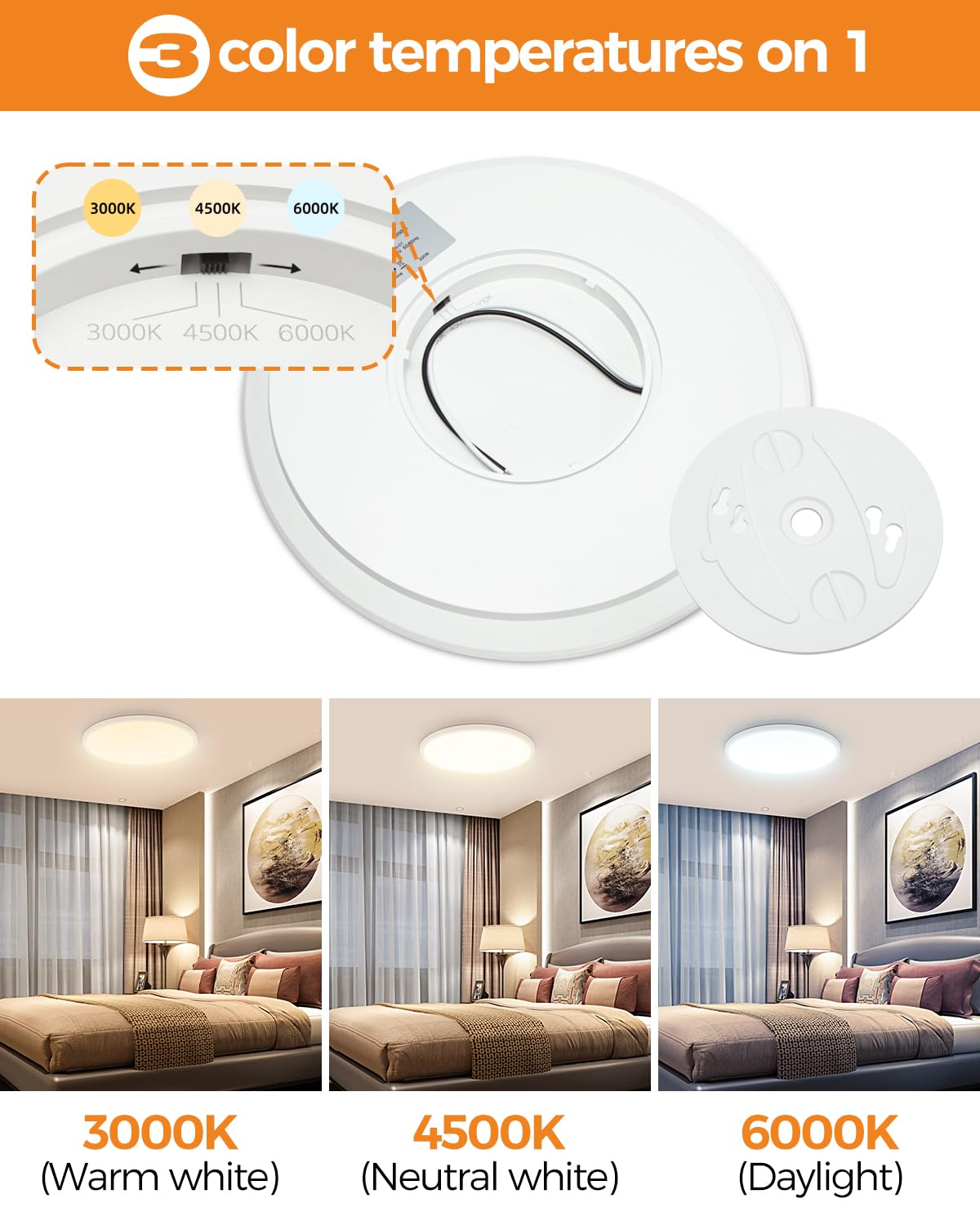 6PACK LED Flush Mount Ceiling Light Fixture, 12Inch 28W Ceiling Light, Dimmable & 3000K/4500K/6000K 3 Color Adjustable Round Ceiling Light 3200LM Low Profile Ceiling Light Fixtures for Kitchen Bedroom