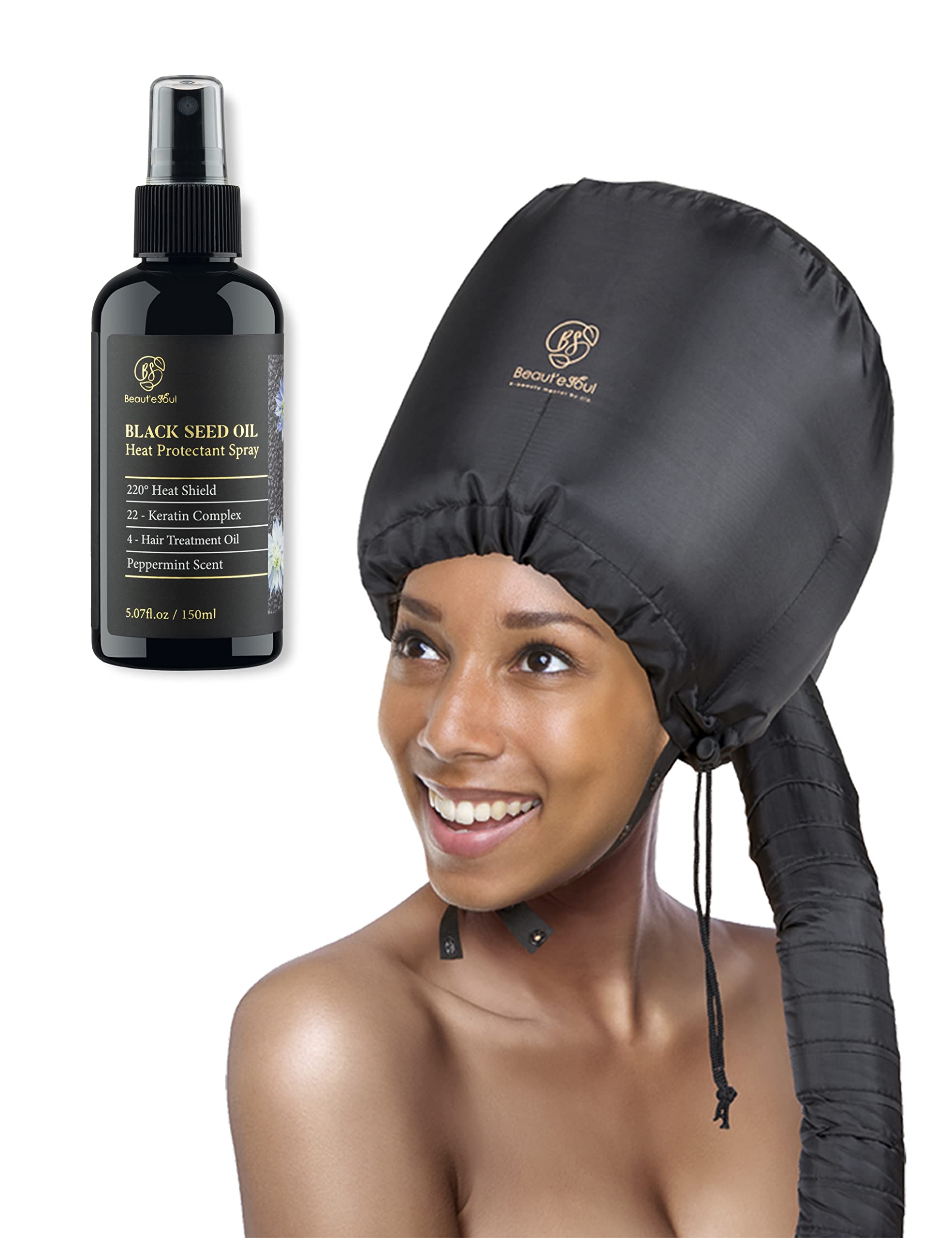 BEAUT'E SEOUL Hooded Hair Dryer Attachment and Black Seed & Argan Oil Spray Set - Soft Adjustable Large hooded bonnet & Keratin Hair Treatment Leave in Conditioner Spray 5oz