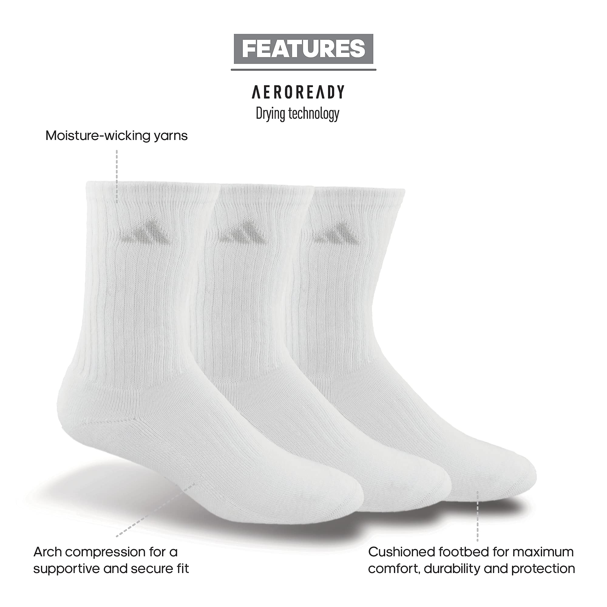 adidas Women's Cushioned Crew Socks (3-pair), White/Clear Onix Grey, medium