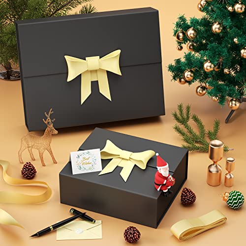 Black Gift Box with Lid, 9x7x4'' Gift Boxes for Presents with Ribbon and Greeting Card Magnetic Closure, Groomsman Proposal Box for Wedding,Birthday,Anniversary,Christmas Gift Luxury Wrap
