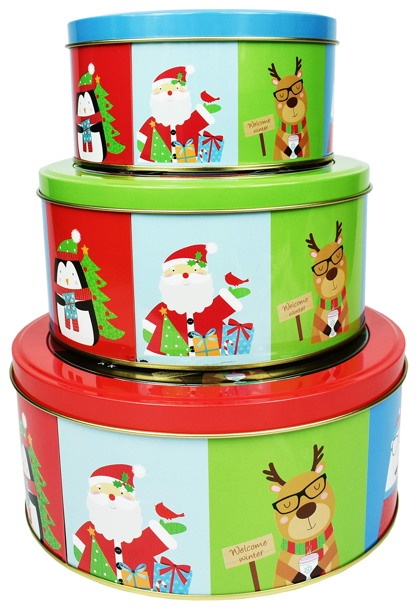 ALEF Christmas/Holiday Set of 3 Decorative Nesting Tins (Round w/Window)