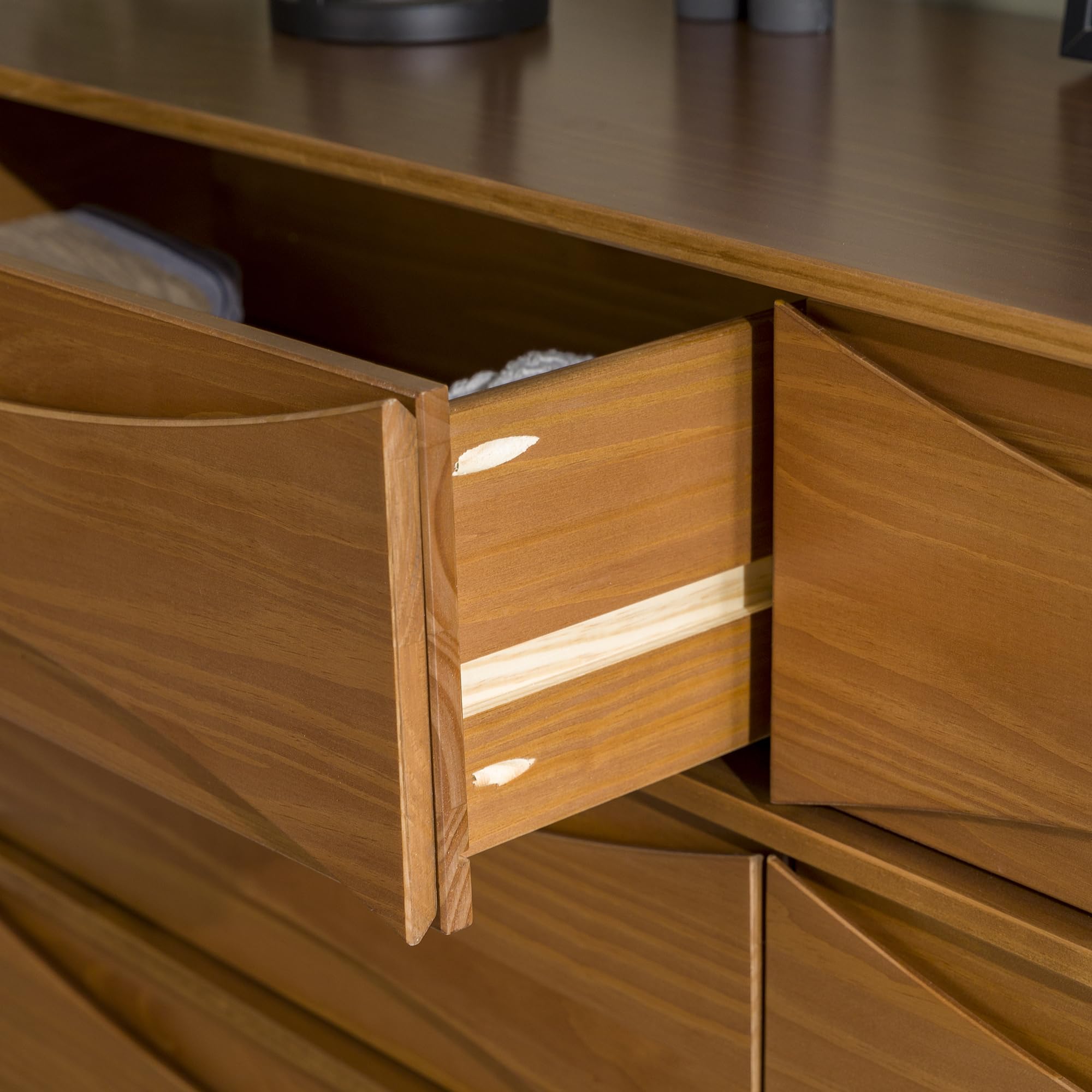Walker Edison Lowry Mid-Century Modern Detailed-Drawer Solid Wood Dresser, 59 Inch, Caramel