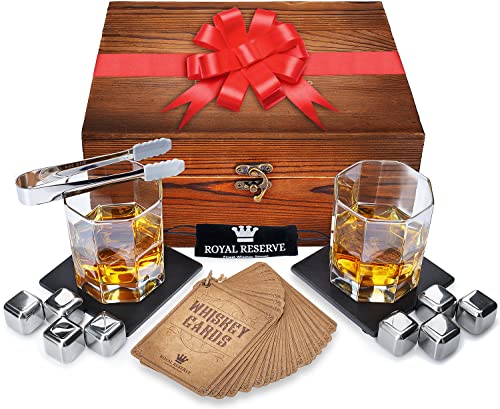 Whiskey Stones Gift Set by Royal Reserve | Artisan Crafted Chilling Rocks Scotch Bourbon Glasses and Slate Table Coasters ā Gift for Guy Men Dad Boyfriend Anniversary or Retirement