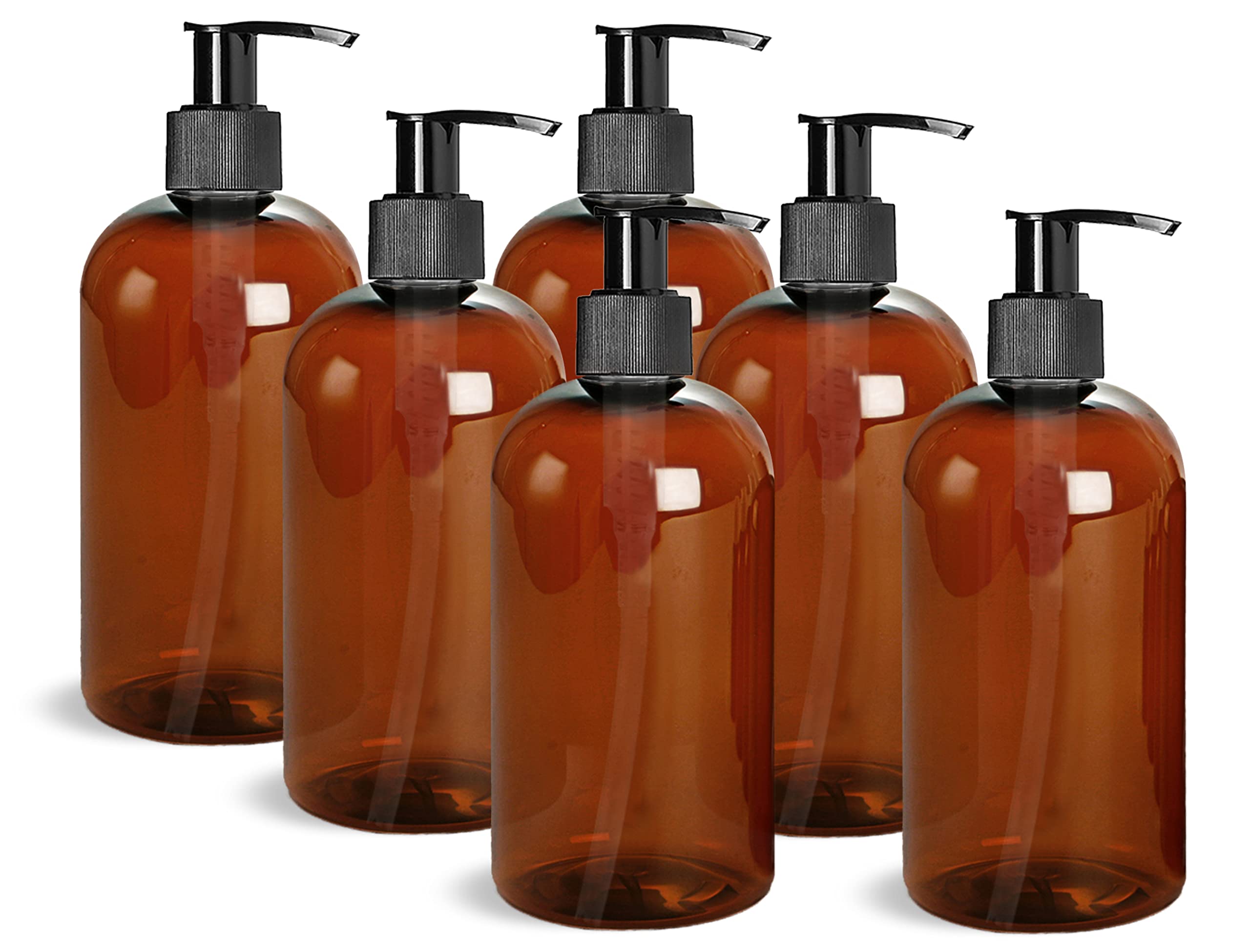 ljdeals 16 oz Amber Plastic Bottle with Black Lotion Pump, Refillable Containers for Shampoo, Lotions, Cream and more, Pack of 6, BPA Free, Made in USA