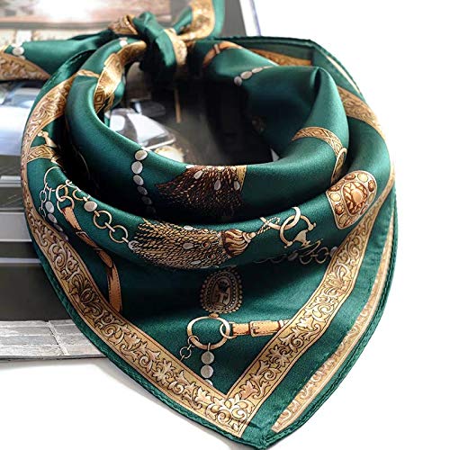 ANDANTINO 100% Pure Mulberry Silk Small Square Scarf -21'' x 21''- Breathable Lightweight Neckerchief -Digital Printed Headscarf (Blackish Green)
