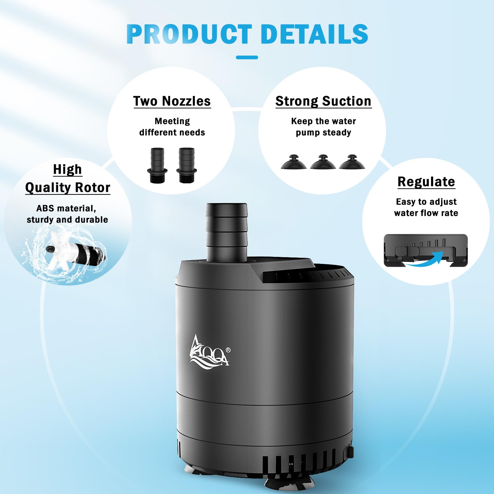 AQQA 160-800GPH Aquarium Submersible Water Pump with 2 Nozzles Adjustable Waterflow Ultra Quiet Electric Water Pump for Fish Tank Water Circulation Pool Draining Water Fountain (30W, 530GPH)