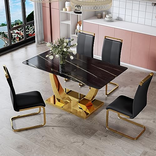 63" Glass Dining Table for 4-6, Rectangular Dining Room Table with 0.39'' Black Imitation Marble Tempered Glass Tabletop, U-Shaped Plated Metal Base Dining Table for Dining Room Kitchen
