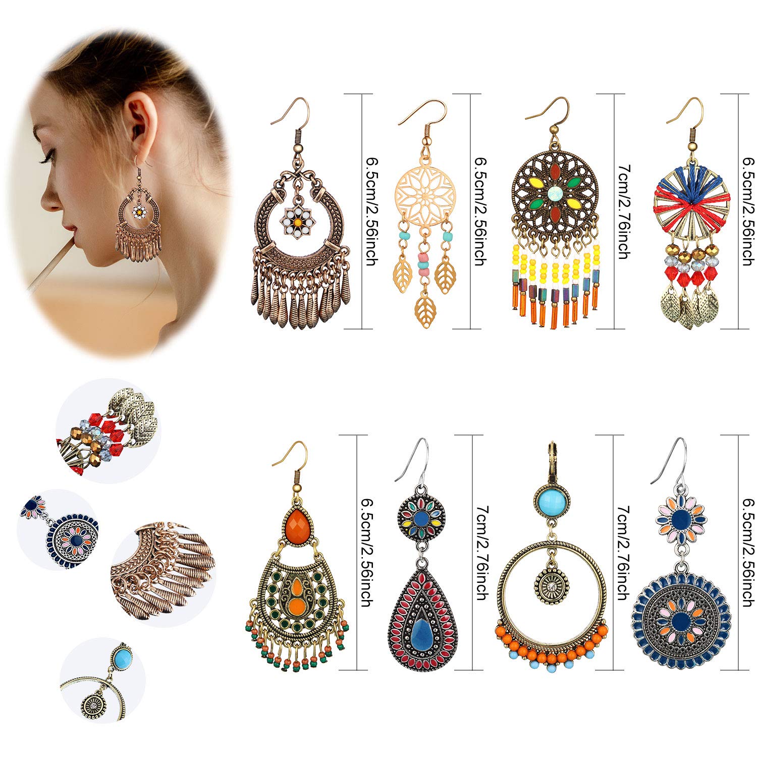 8 Pairs Bohemian Earrings for Women Dangle Earrings Retro Metal Hollow Earrings Boho Hoop Earrings Set (Vibrant Style)
