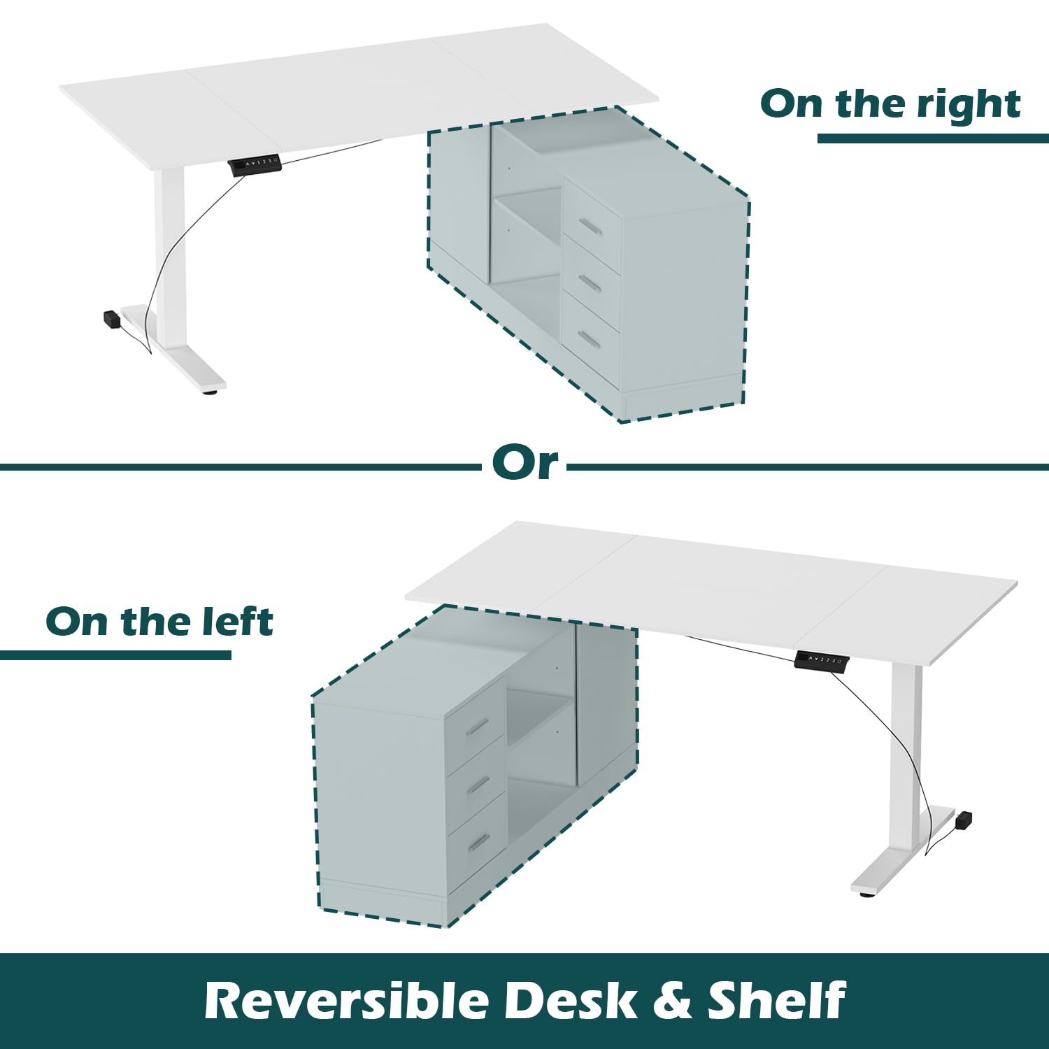 Homsee Home Office L Shaped Electric Standing Desk with Drawers and Shelves, Height Adjustable & Shape Reversible Stand up Desk, 63" Computer Desk Executive Corner Desk, White