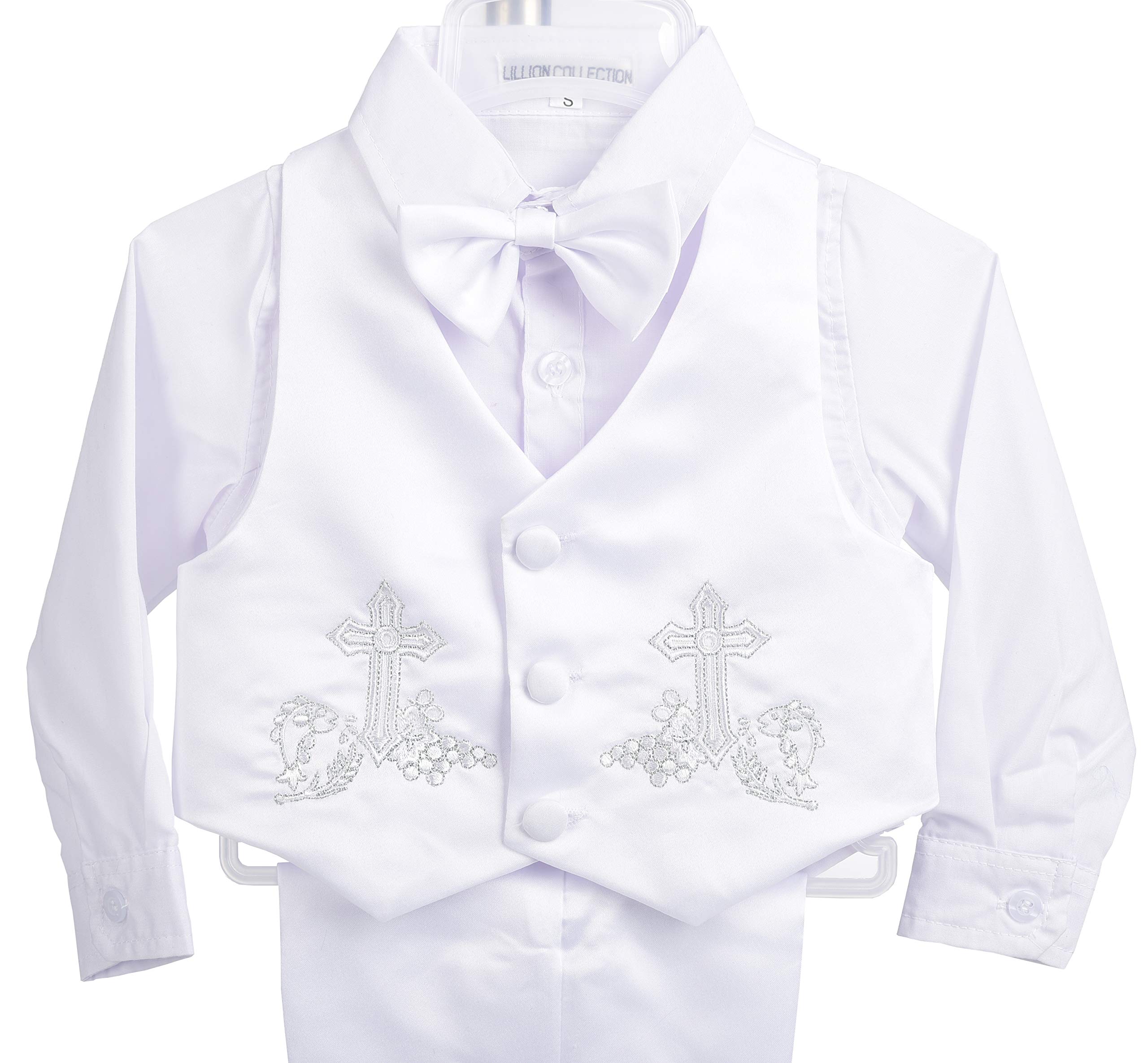 Dressy Daisy Baby Boy Satin Baptism Clothes Christening Outfit with Bonnet 5 Pieces Set Formal White Suit Size 6-9 Months Style A