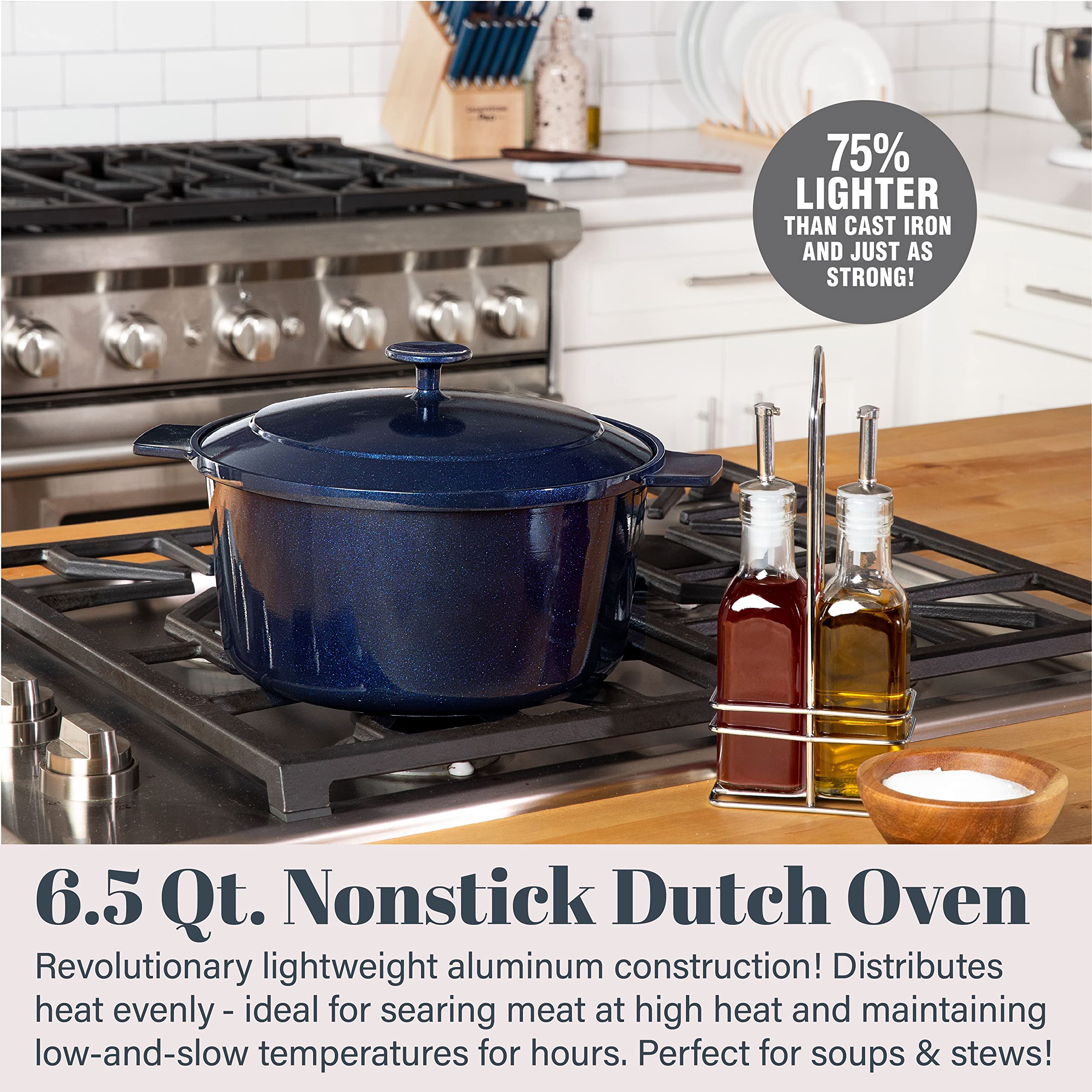 Granitestone Lightweight 6.5 Qt Dutch Oven Pot with Lid, Nonstick Dutch Oven Set, 10 in 1 Enamel Stock Pot/Cooking Pot & Dutch Oven for Sourdough Bread Baking, Oven/Dishwasher Safe - Cobalt
