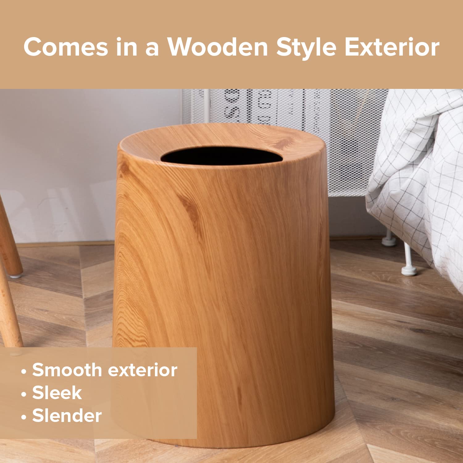 Anti Spill Wood Style Waste Basket - Kids and Pet Proof Garbage Container - Open Top Indoor Outdoor Trash Can - 12L/3.2Gal Capacity - Patio Garbage Can - Round Sleek Garbage Bin - 10inx10inx12in