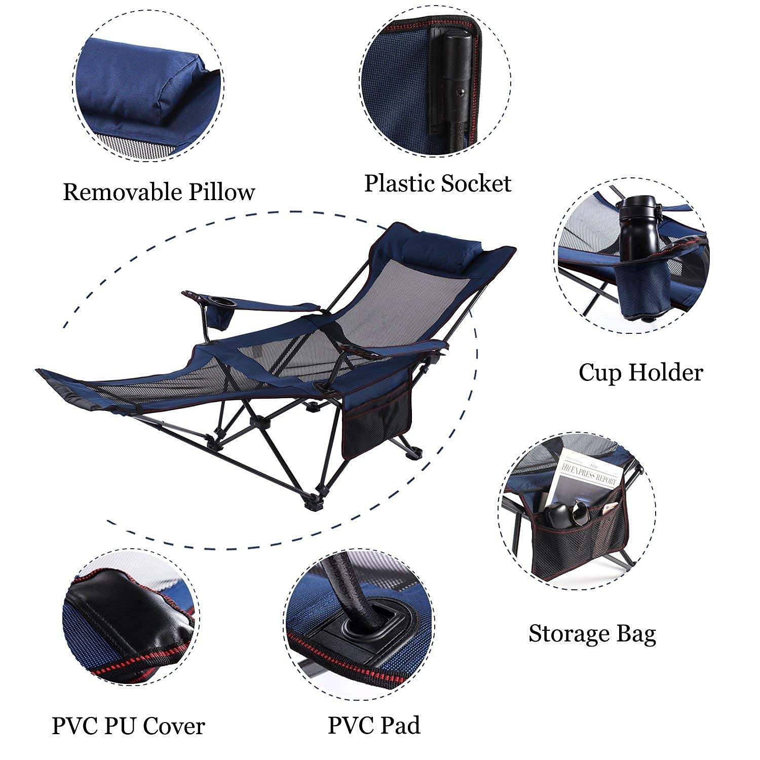A AIKOOL Camping Recliner Camping Lounge Chair, Backpacking Folding Chair with Headrest, Footrest and Storage Bag for Outdoor Camping, BBQ, 300lbs Weight Capacity